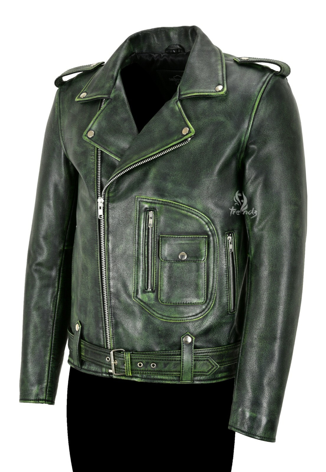 Men's Real Leather Riding Jacket Green Vintage Thick Cowhide Brando ...
