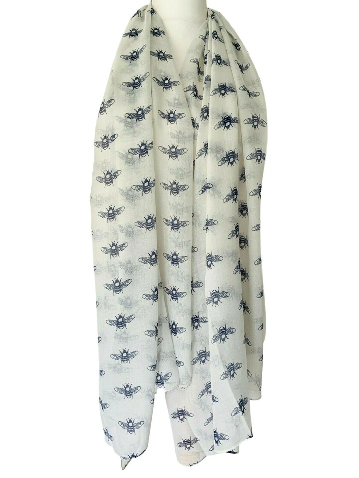 Bee Scarf Ladies Cream Bumble Bees Print Wrap Navy Blue Shawl ...