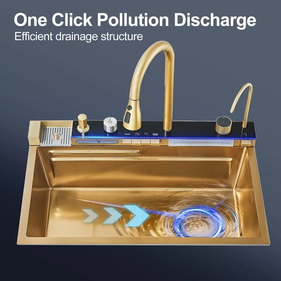 Brushed Gold Flying Rain Stainless Steel Waterfall Kitchen Sink Pull ...