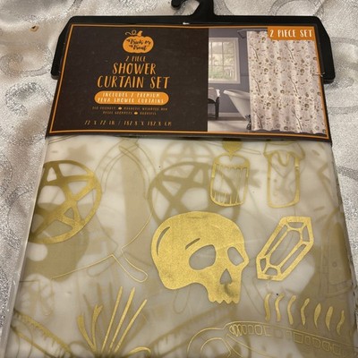 Halloween 2 pc Shower Curtain Set Gold Skulls Cauldron Candles PEVA NEW ...