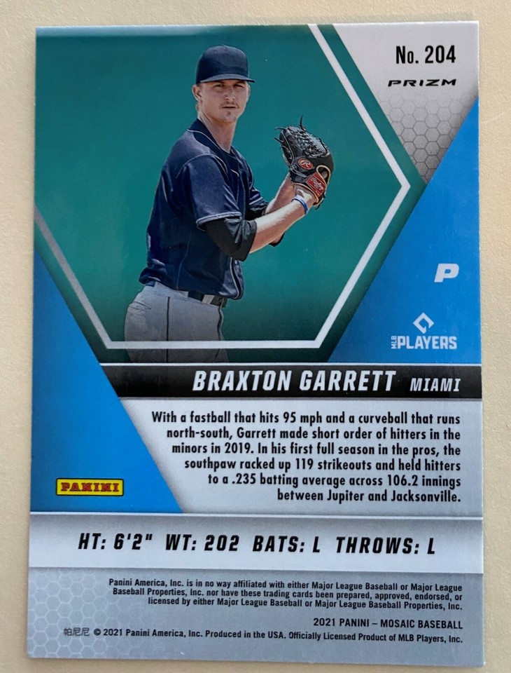 BRAXTON GARRETT 2021 PANINI MOSAIC BLUE CAMO PRIZM PARALLEL ROOKIE CARD ...