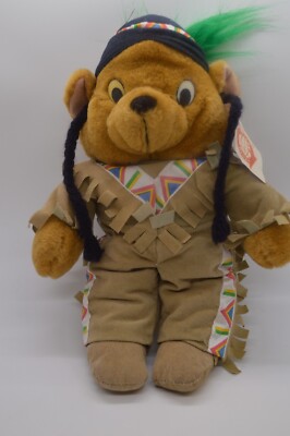 Goffa Int Toy Indian Bear Plush Stuffed Animal Green Feather 14” Native ...