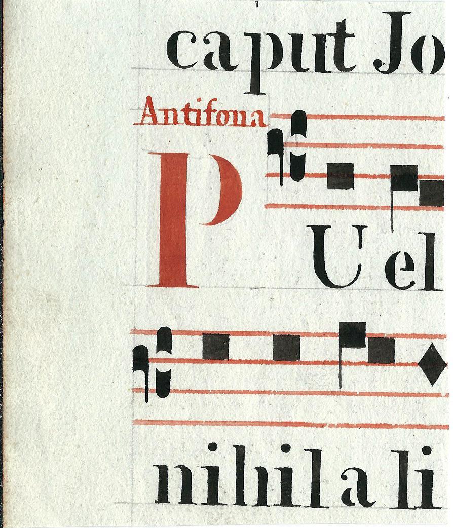 Manoscritto antico CAPOLETTERA P rosso ANTIFONARIO MUSICA 1850 ca. Drop ...