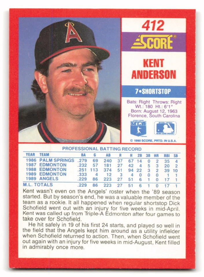 Kent Anderson 1990 Score BASEBALL #412 California Angels | eBay