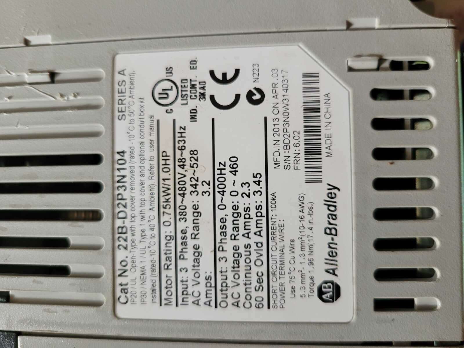 Allen-Bradley PowerFlex40 VFD POWERFLEX 40 22B-D2P3N104 480V VFD 1.0HP ...