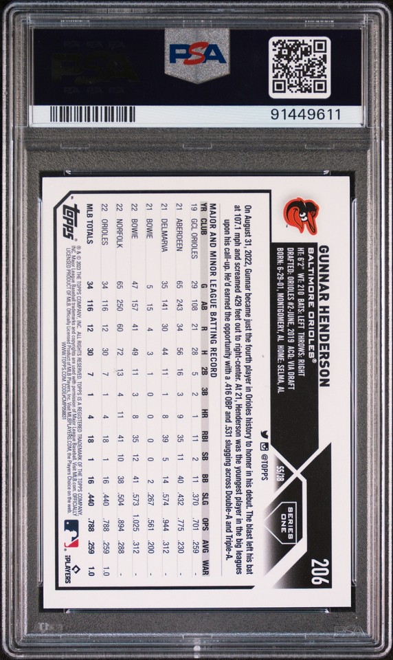 2023 TOPPS 1ST EDITION GOLD FOIL #206 GUNNAR HENDERSON ROOKIE RC PSA 9 ...