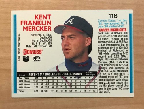 KENT MERCKER ATLANTA BRAVES SIGNED AUTOGRAPHED 1992 DONRUSS CARD #116 W ...