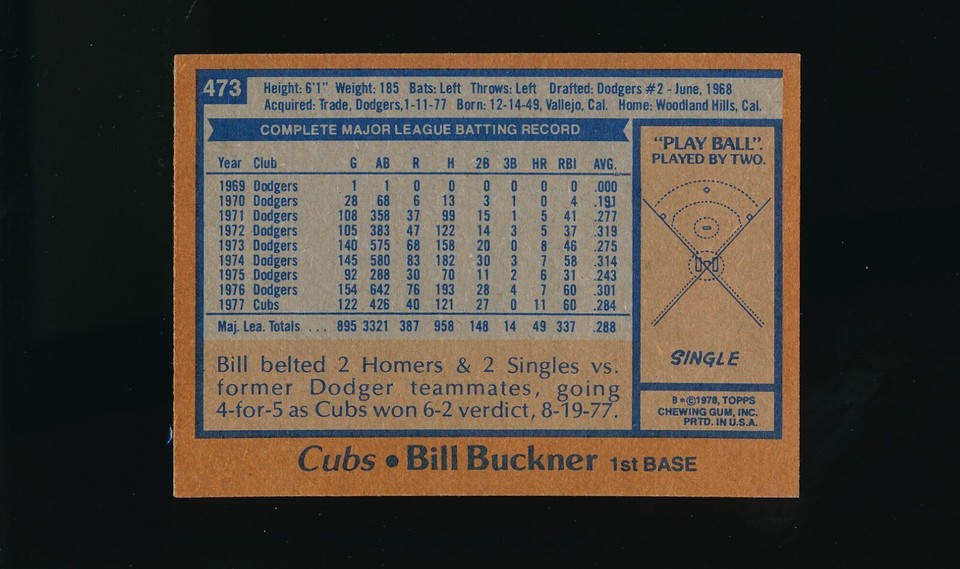 1978 Topps #473 Bill Buckner * 1st Base * Chicago Cubs * NM * | eBay