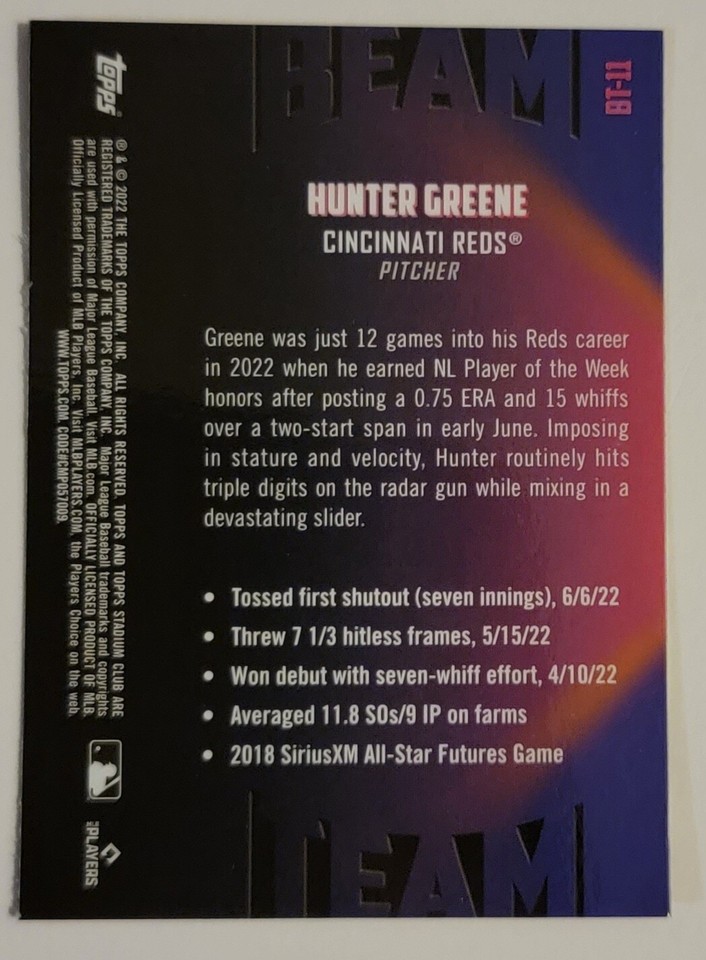 2022 Topps Stadium Club Chrome Hunter Greene RC Beam Team Refractor Sp ...