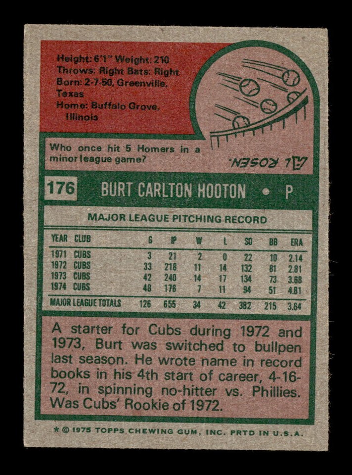 1975 Topps #176 Burt Hooton Chicago Cubs EX Baseball Card *F213 | eBay
