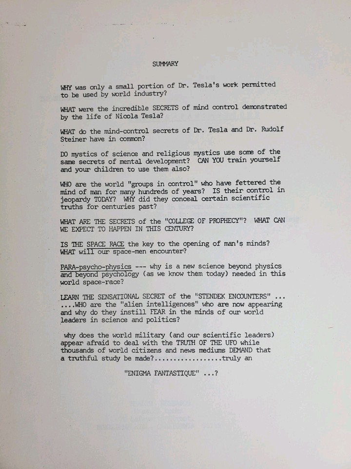 RARE 'Enigma Fantastique' manuscript W. Gordon Allen 1966 book Tesla ...