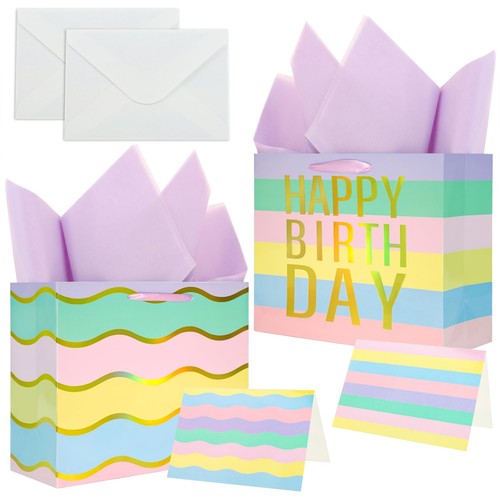 2PCS Large Rainbow Pastel Gift Bags 13x10.2x5.2 Inch with Handles for ...