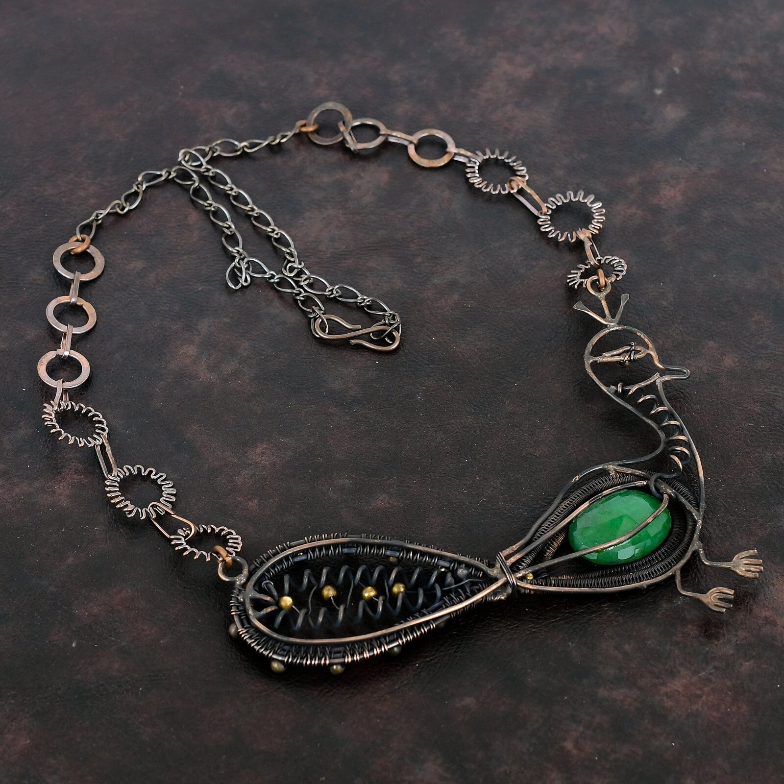 Zambian Emrald Wire Wrapped Peacock Chain Adjustable Necklace Copper 18 ...