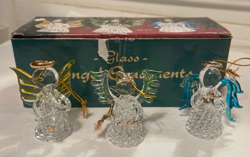 Set of 3 Small Glass Christmas Angel Ornaments Figurines Colored Wings ...