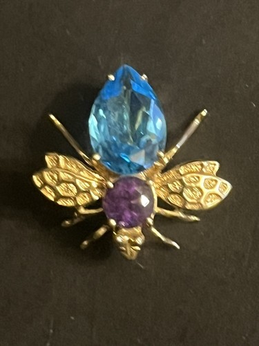 14 KT Bee Flying Insect Pin Brooch With Amethyst And Blue Topaz Stones ...