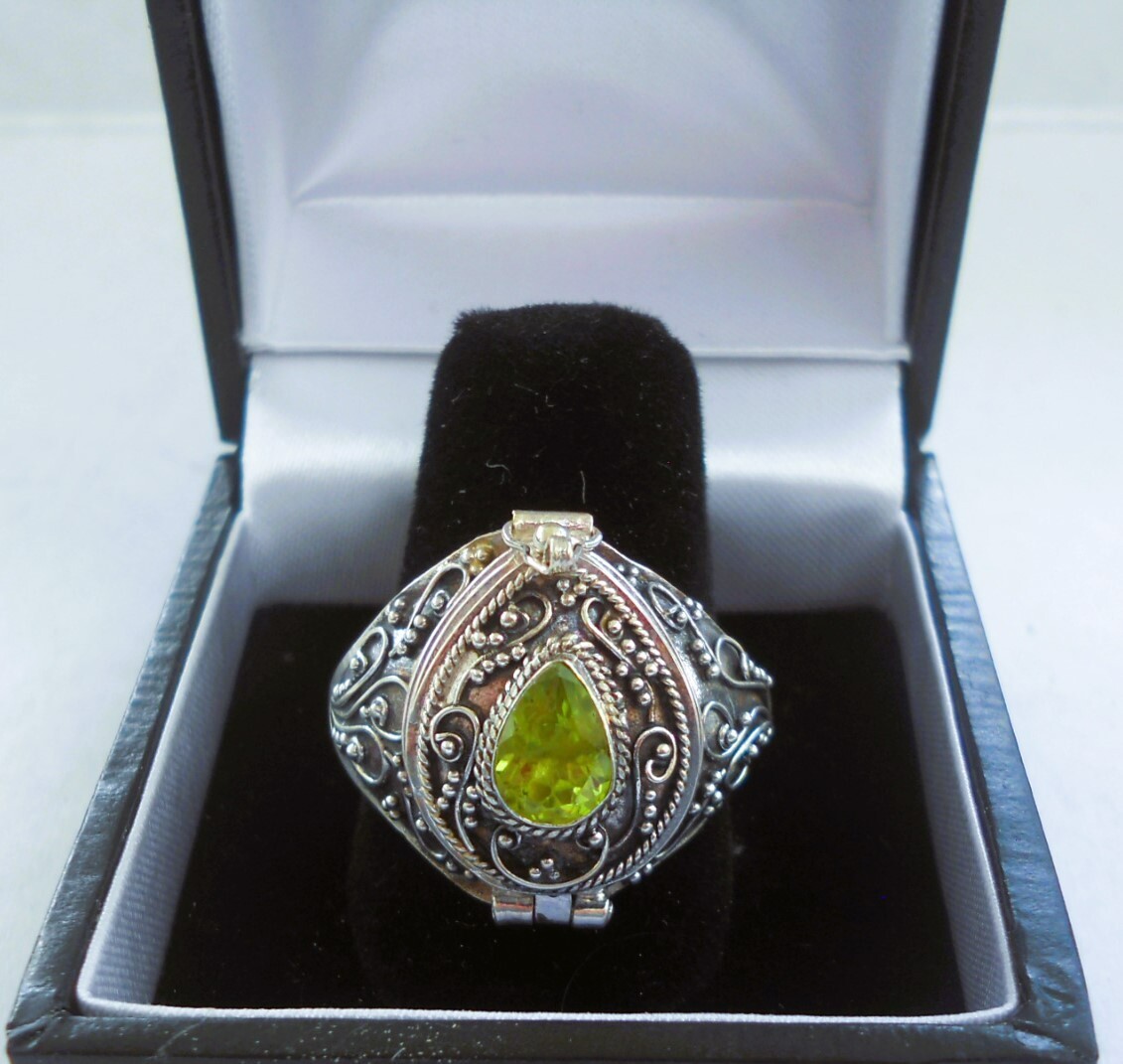 Handmade Sterling Silver Peridot Tear Drop Poison Ring - Sizes 6-7-8-9 ...