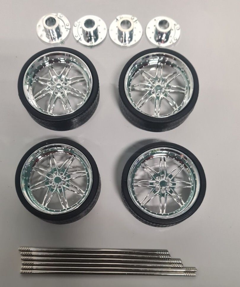 1/18 SCALE WHEELS & TYRES (4) SET WITH DISC & RODS - 4CM WIDE, 1.5CM ...