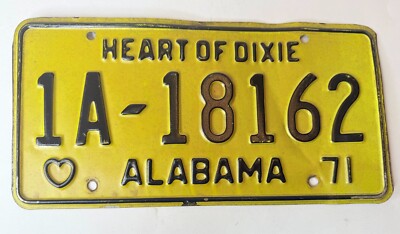 VINTAGE 1971 LICENSE PLATE CAR TAG STATE OF ALABAMA HEART OF DIXIE 1A ...
