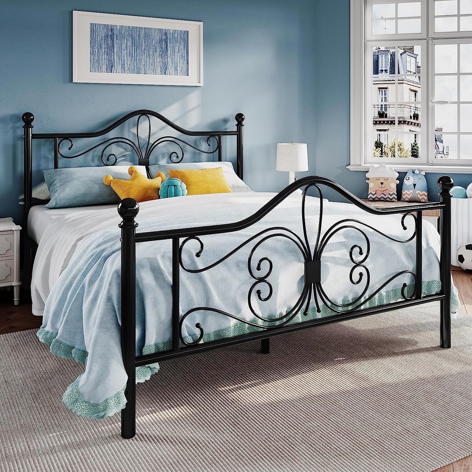Metal Bed Frame with Butterfly Pattern Design Headboard & Footboard ...