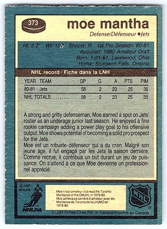 1981-82 O-Pee-Chee Moe Mantha Rookie Winnipeg Jets #373 | eBay
