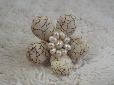 White Howlite Stone & Genuine Pearl Flower Ring ~ Adjustable Size 7-8 ...