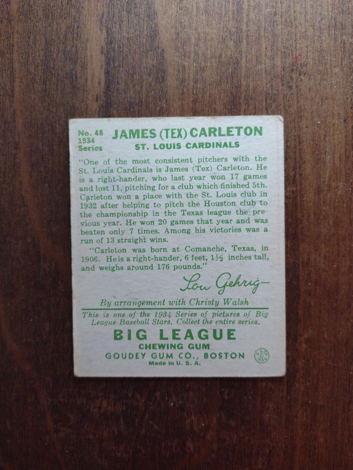 1934 Goudey #48 JAMES (TEX) CARLTON St Louis Cardinals No Creases | eBay