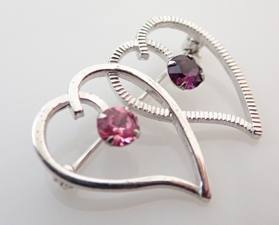 Vintage Van Dell Signed Double Hearts Jeweled Stones Sterling Silver ...