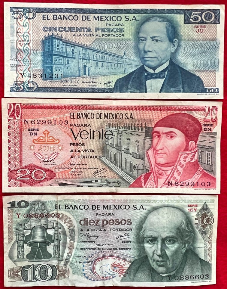 LOT of 10 MEXICO PESO BANKNOTES SERIES 1, 5,10,20,50,100,500,1000 BDM ...