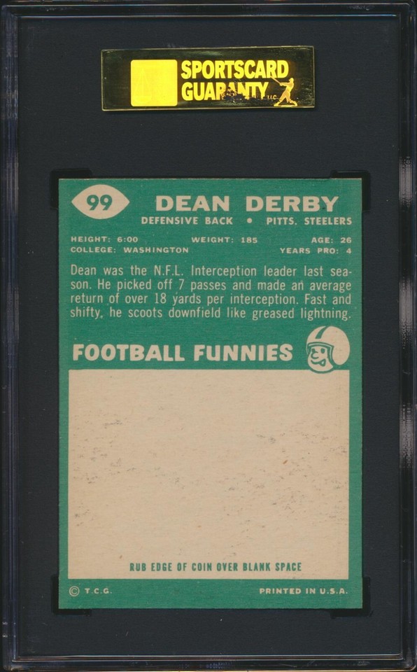 1960 Topps Dean Derby #92 Pittsburgh Steelers SGC 8.5 NM/MT+ MINT ...