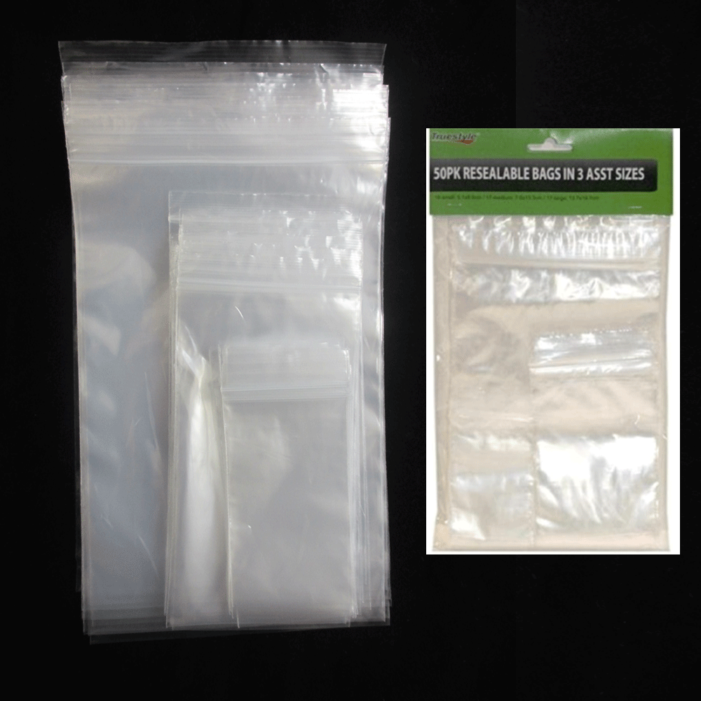 50 Pc Bag Plastic Clear Assorted Size Reclosable Poly Reusable Baggies ...