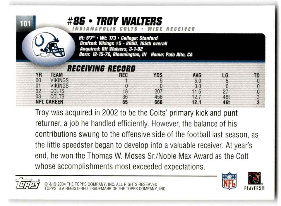 2004 Topps Troy Walters #101 Indianapolis Colts | eBay