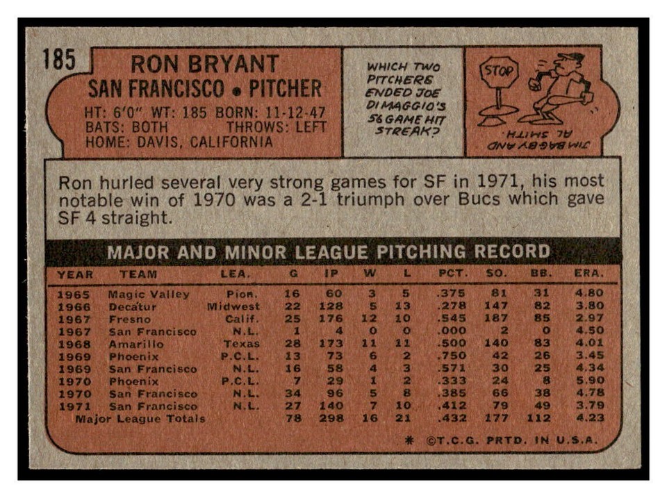 1972 Topps baseball 185 Ron Bryant San Francisco Giants card | eBay