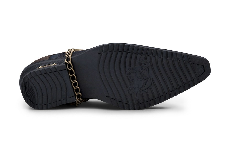 Men's Real Leather Western Shoes Blue Cuban Metal Chain Cowboy ...