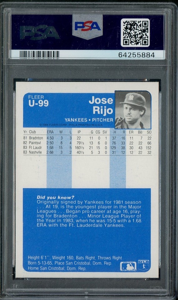 1984 Fleer Update #U-99 Jose Rijo New York Yankees RC Rookie PSA 10 GEM ...