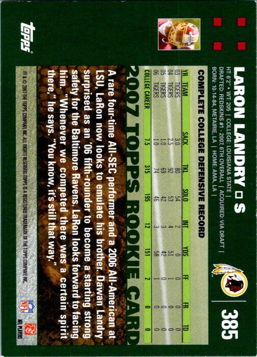 2007 Topps #385 Laron Landry *Excellent* | eBay