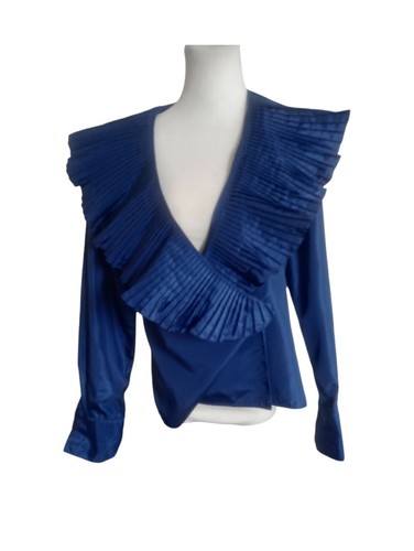 Evan Picone Vtg Sz 8 Navy Blue Evening Pleated Ruffle Top Long Sleeves ...