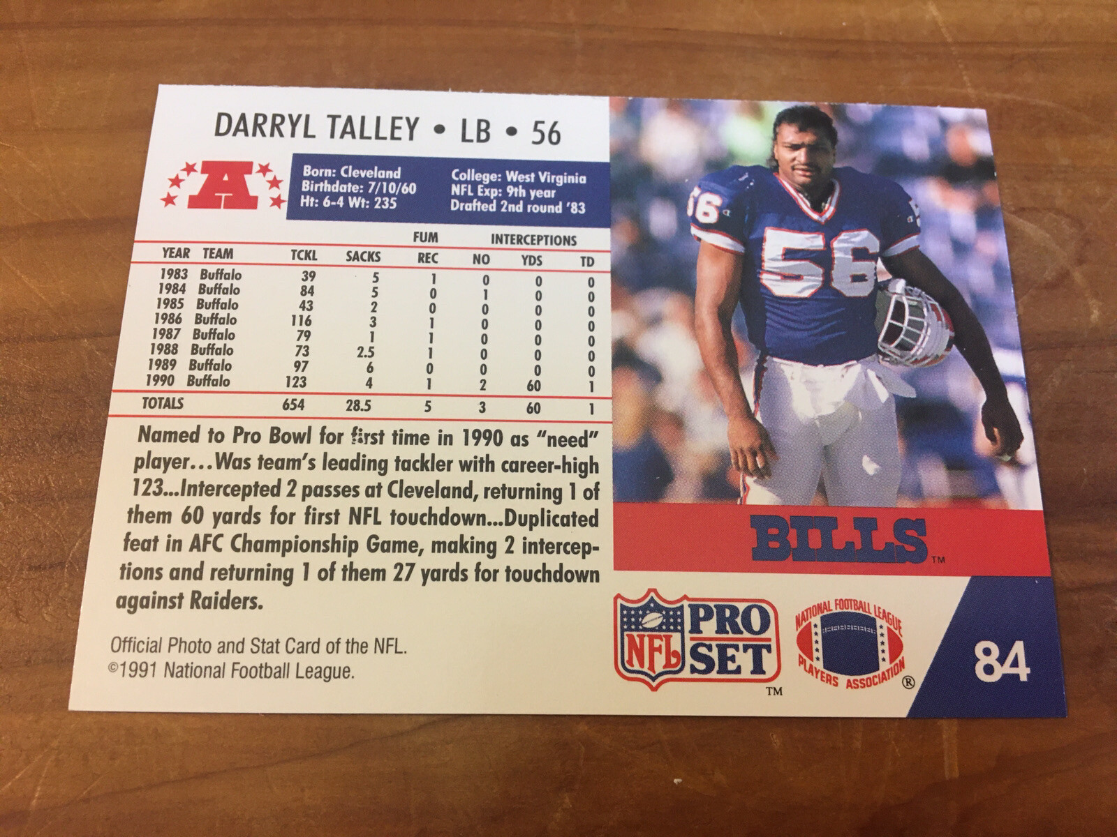 Darryl Talley Buffalo Bills LB 1991 NFL Pro Set Card #84 | eBay
