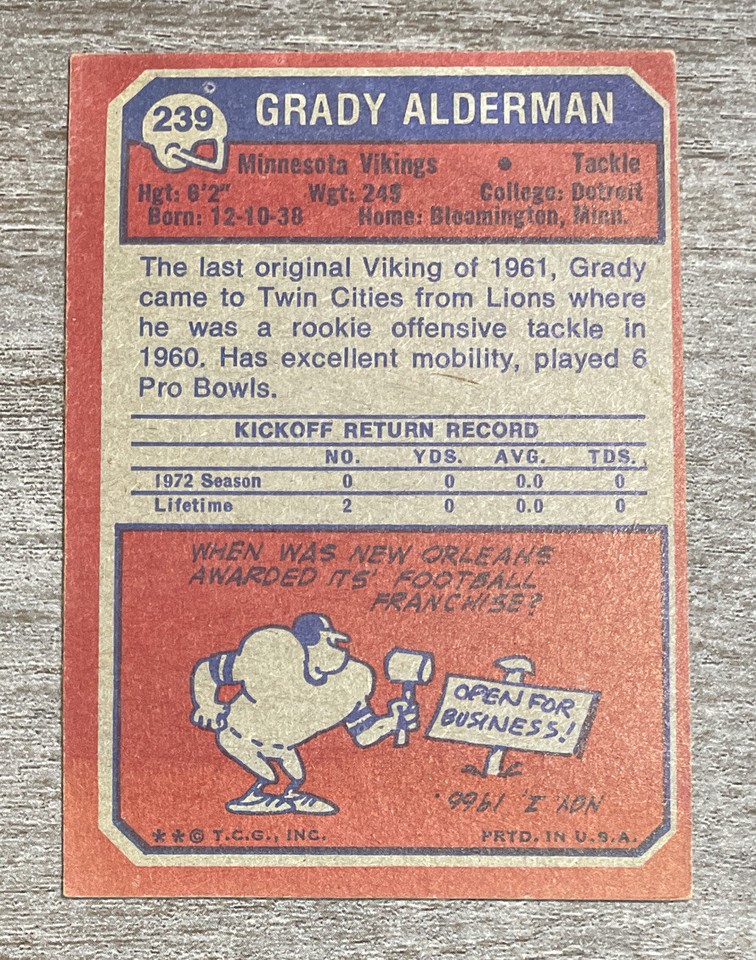 Grady Alderman 1973 Topps Vikings #239 *A831* | eBay