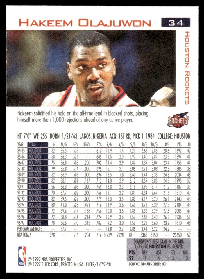 1997-98 Fleer Hakeem Olajuwon Houston Rockets #34 | eBay