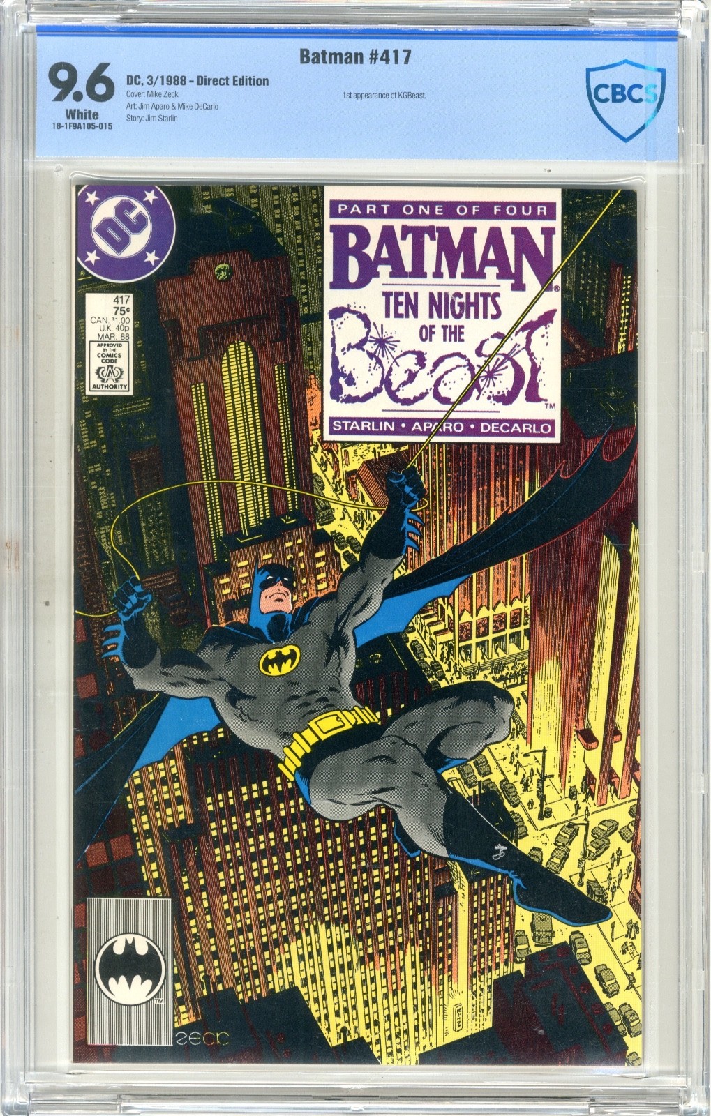 Batman #417 CBCS 9.6 NM+ White pages 3/88 1st App. of KGBeast Direct ...