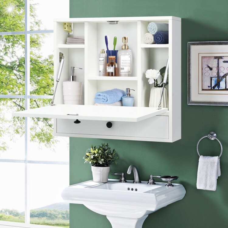 Wall-Mount Floating Desk Foldable Laptop Workstation W/Storage Cabinet ...