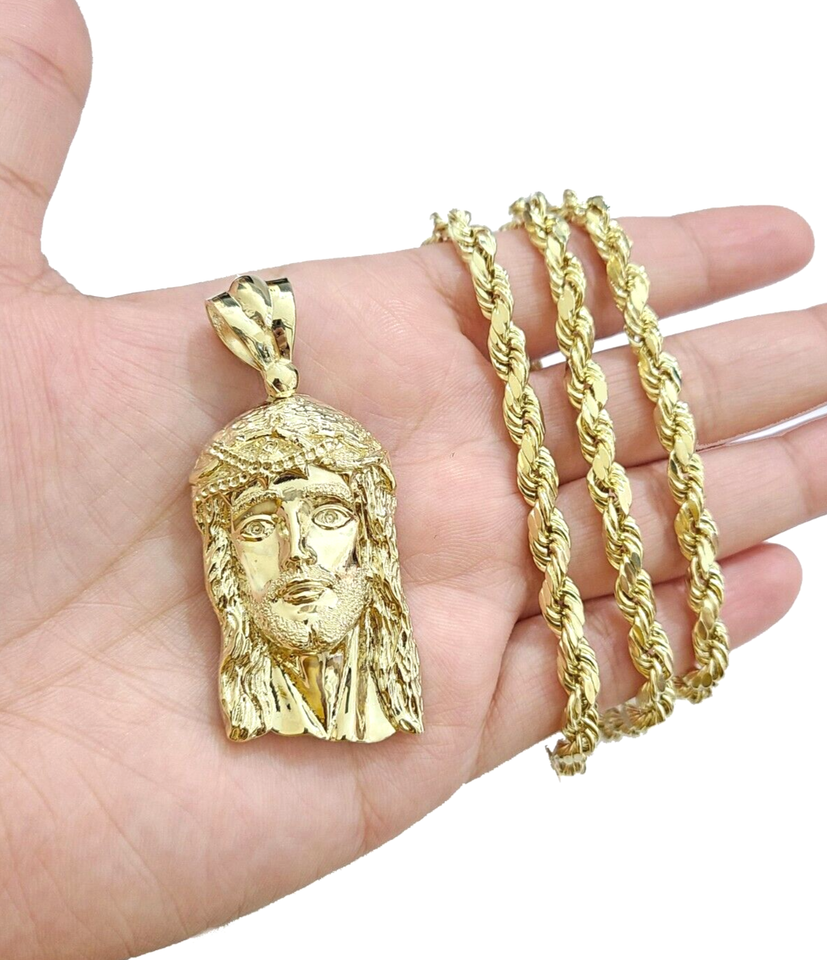 10k Gold Jesus Head Charm Rope Chain Necklace 6mm 24'' Set & Pendant ...