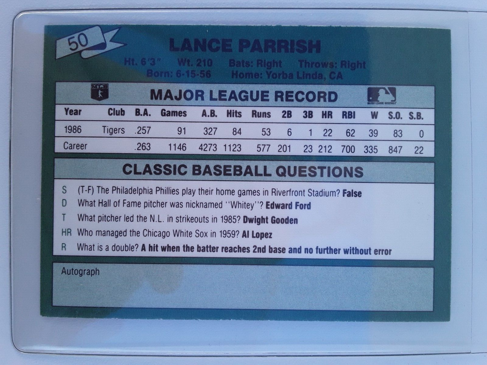 1987 Classic Baseball Lance Parrish #50 Tigers In Protective Sleeve ...