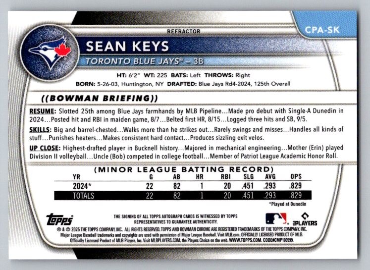 2025 Bowman #CPA-SK Sean Keys Chrome Prospect Autographs Refractor ...