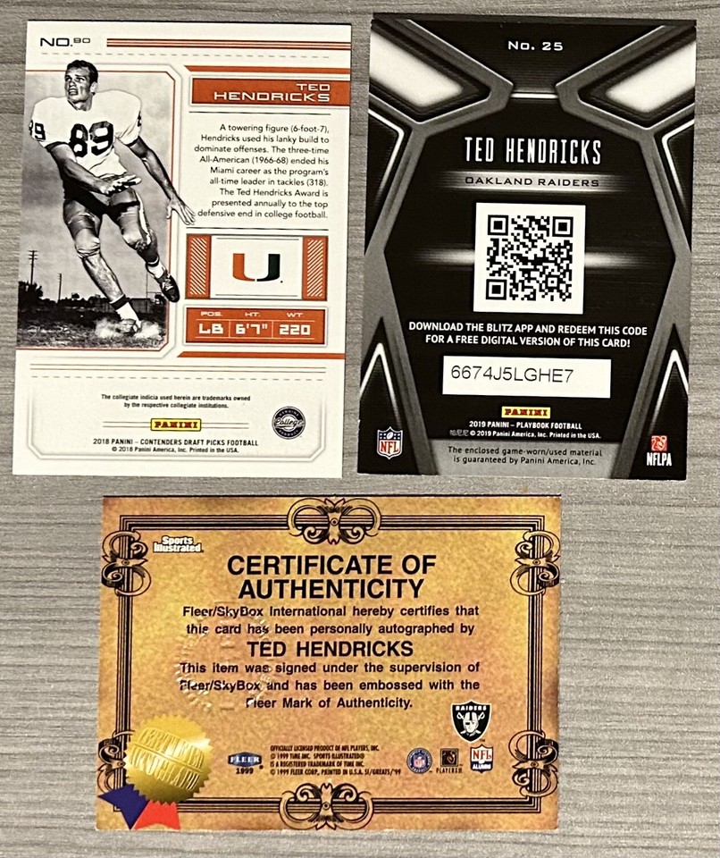 Ted Hendricks (3) Card Lot Including Auto + /99 + Relic Oakland Raiders ...