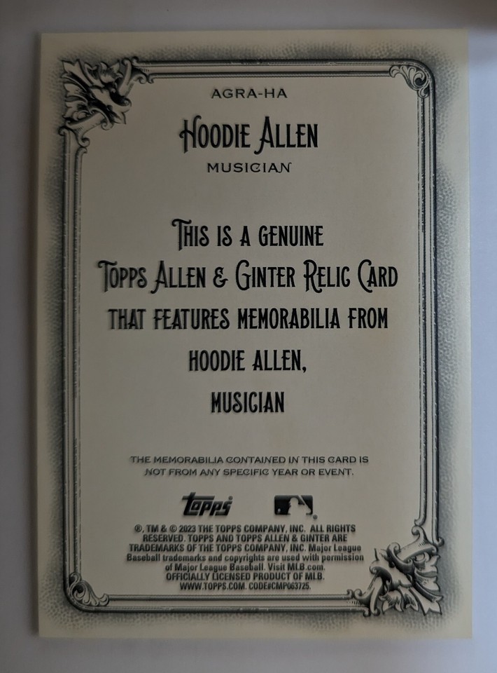 2023 Topps Allen & Ginter HOODIE ALLEN #AGRA-HA Full Size Relic A ...