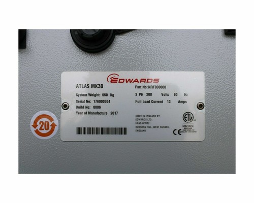 EDWARDS ATLAS MK3B 3 PH 208V 60 HZ 13 AMPS NRF033000 Y35000810 | eBay