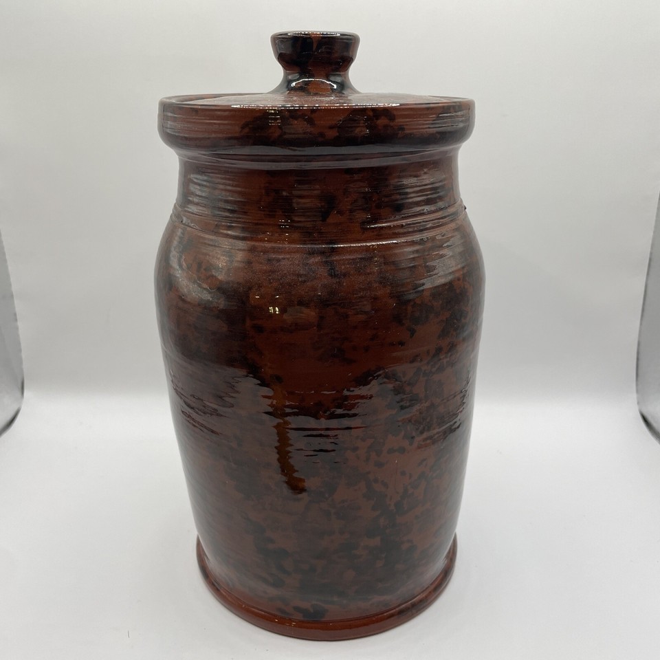 JH Huberhaus Pottery Redware Jar w/Lid PA Dutch Sgraffito Sponge Design ...
