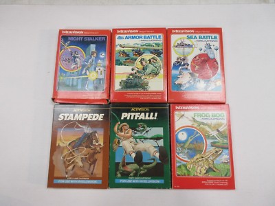 VINTAGE INTELLIVISION 6 GAME LOT W/ BOXES PITFALL FROG BOG STAMPEDE ETC ...