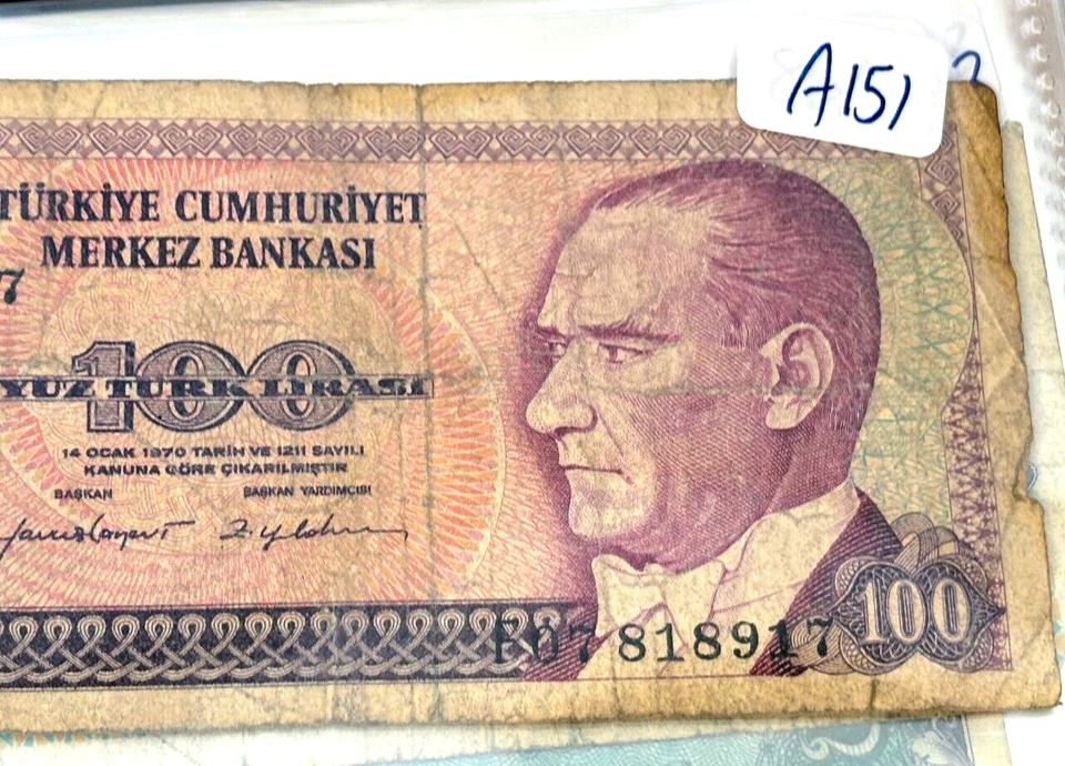 1970 Turkey Banknote 100 Lira Europe Paper Currency Foreign Note FREE ...
